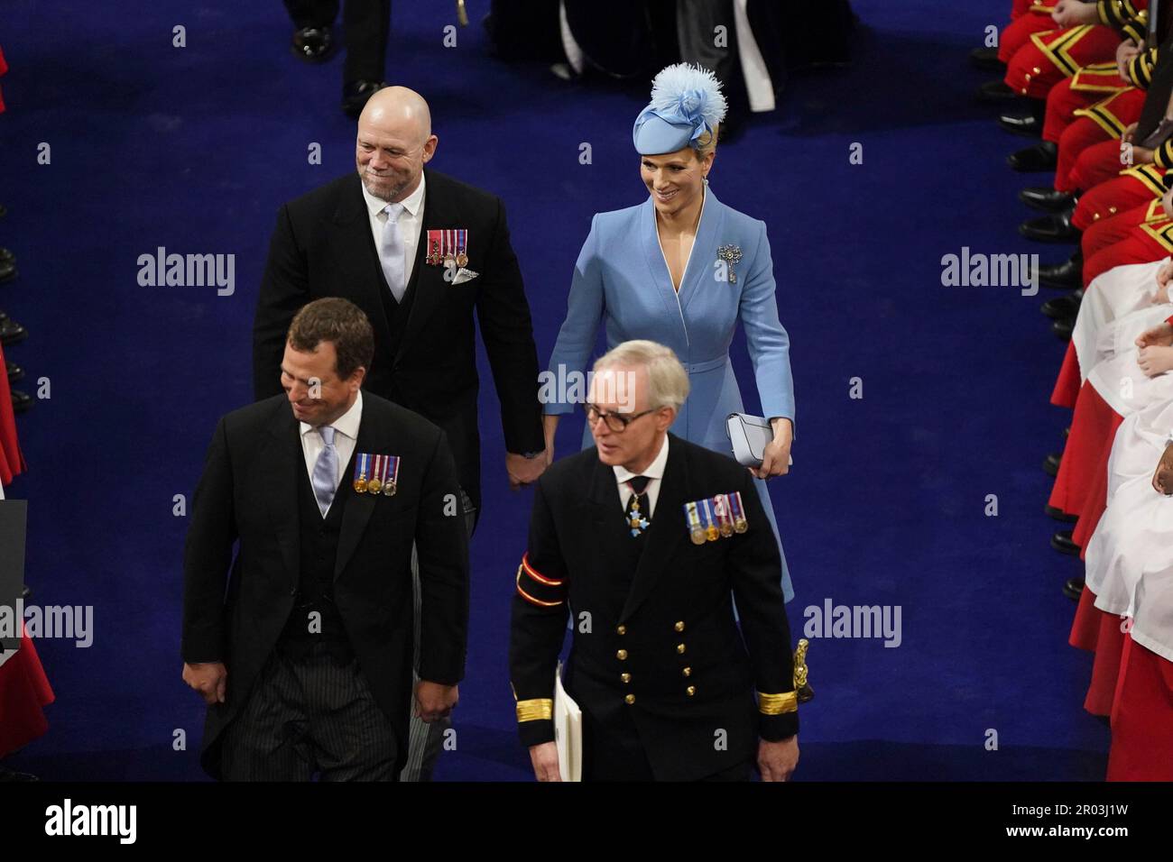 Peter Phillips, foreground, Mike and Zara Tindall as arrive for the ...