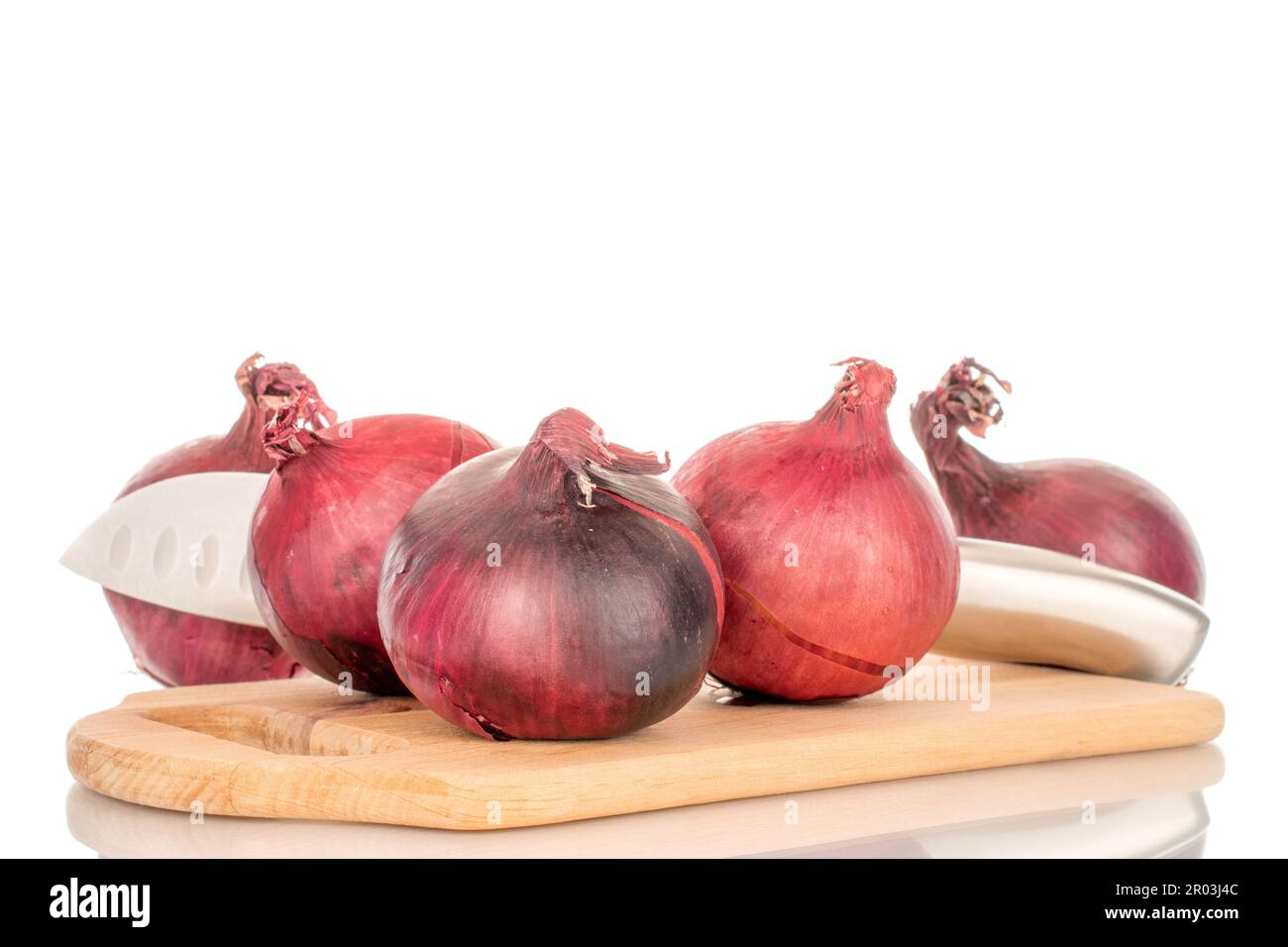 Several organic blue onions on a wooden kitchen board with a knife ...