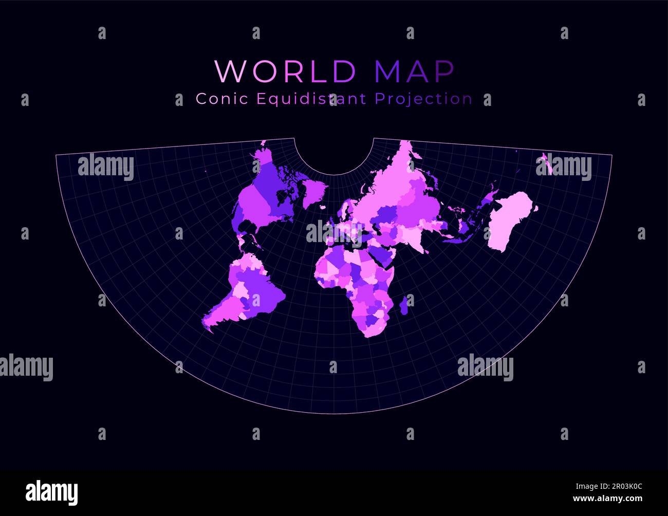 World Map Conic Equidistant Projection Digital World Illustration Bright Pink Neon Colors On 