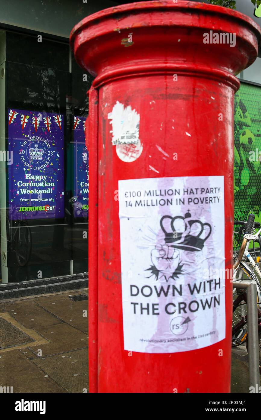 An anti monarchy poster is displayed on a letterbox in London on the ...