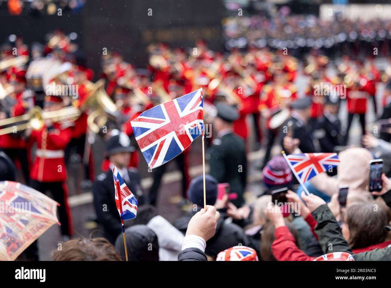 London, UK. 06th May, 2023. Royal fans are seen waving Union Jack flags ...
