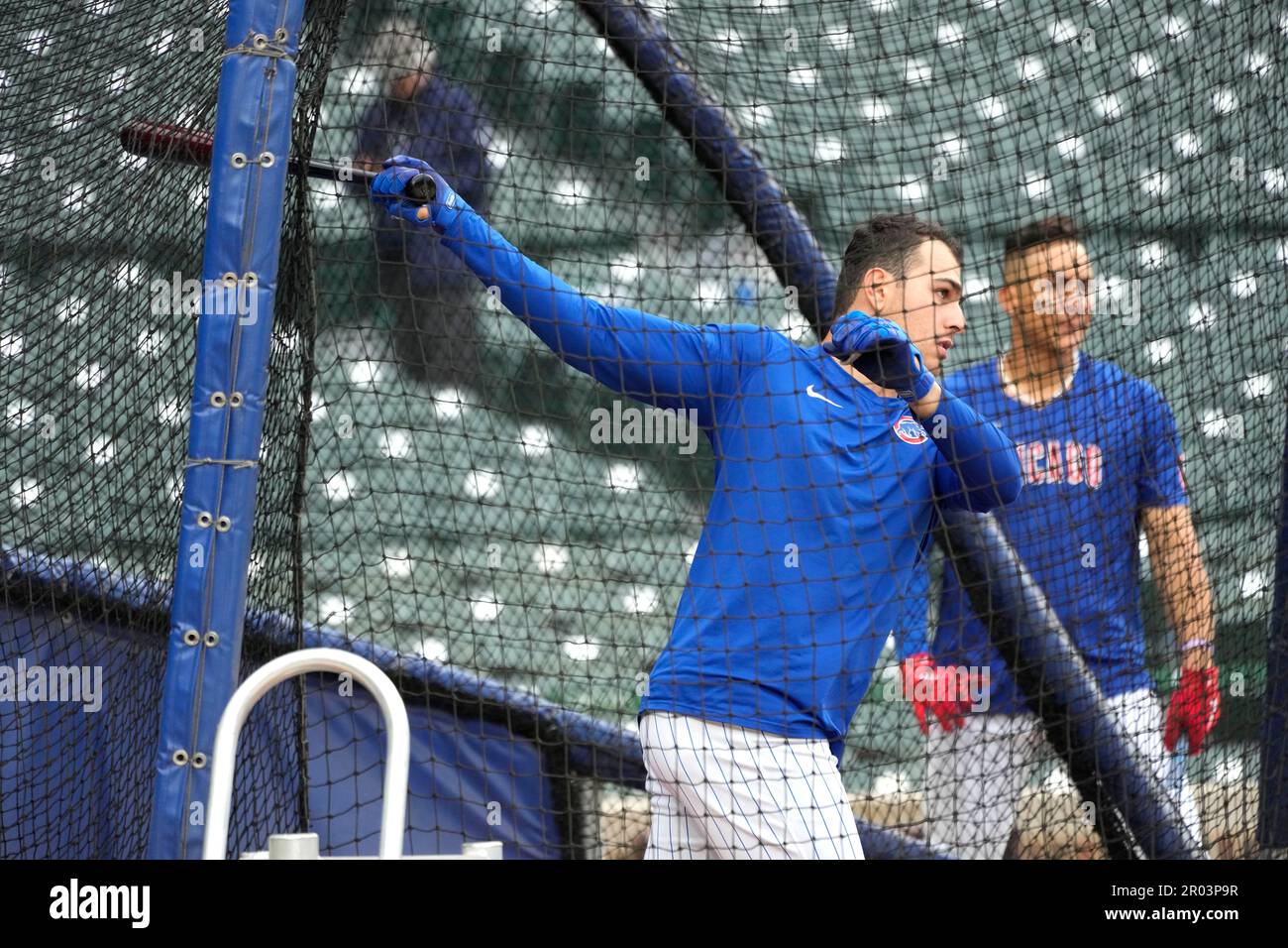Chicago Cubs' Matt Mervis takes batting practice before a baseball game ...