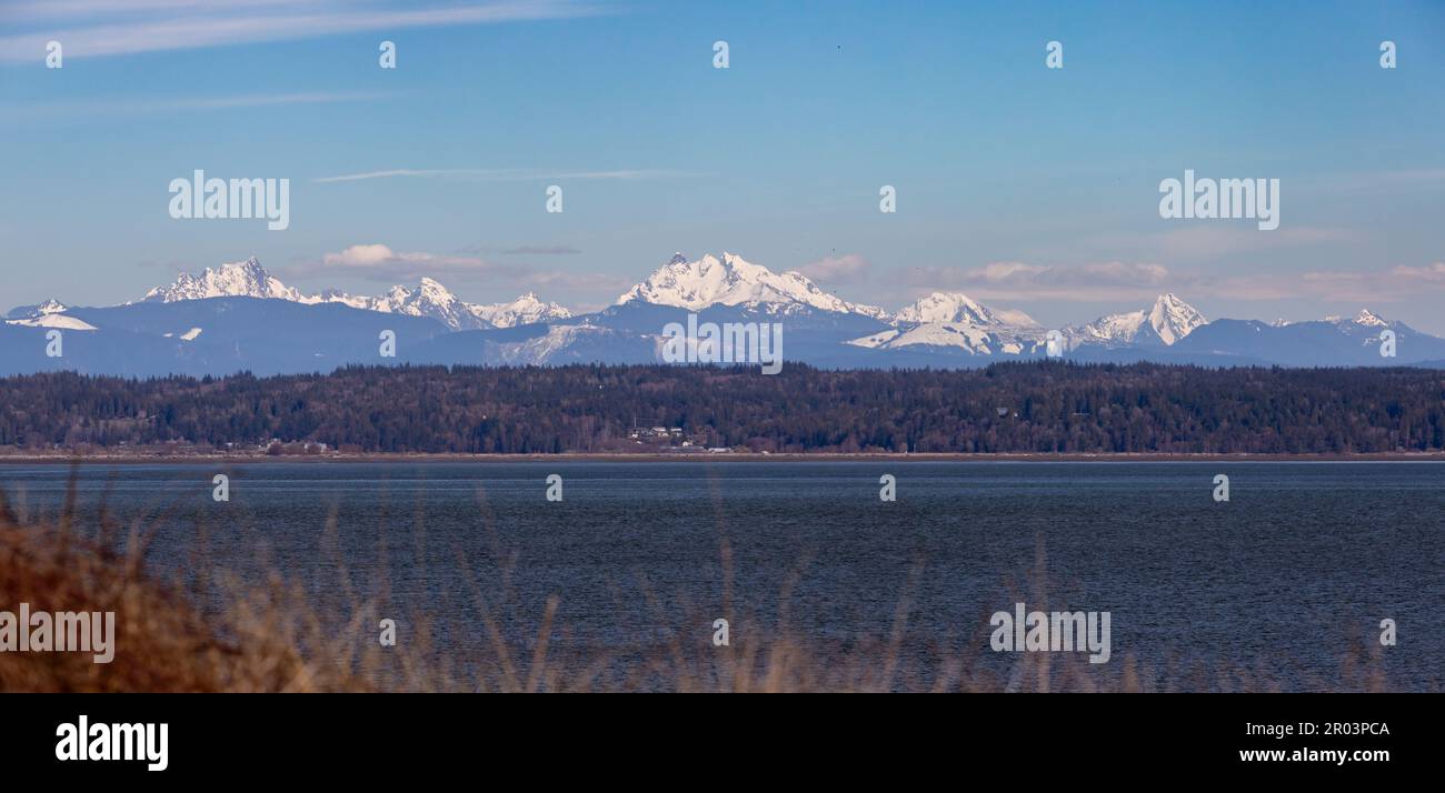 Panorama of Washington State Mountain range over Port Susan from Barnum ...