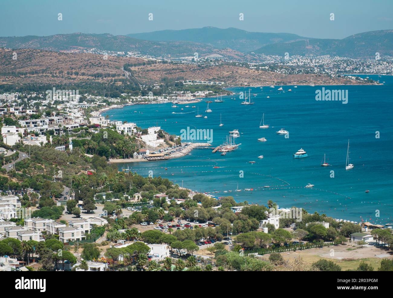 landscape view of Bodrum Town from hill at sunny day. Aerial view with ...