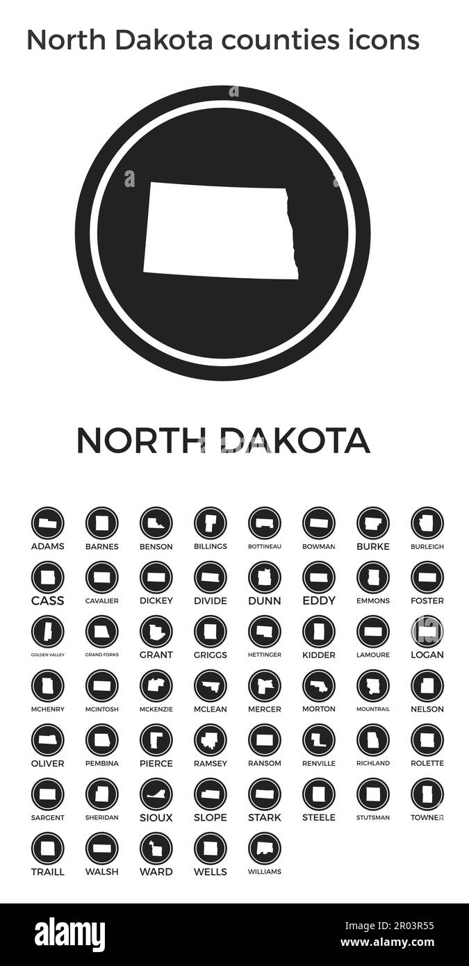 North Dakota counties icons. Black round logos with US state counties ...