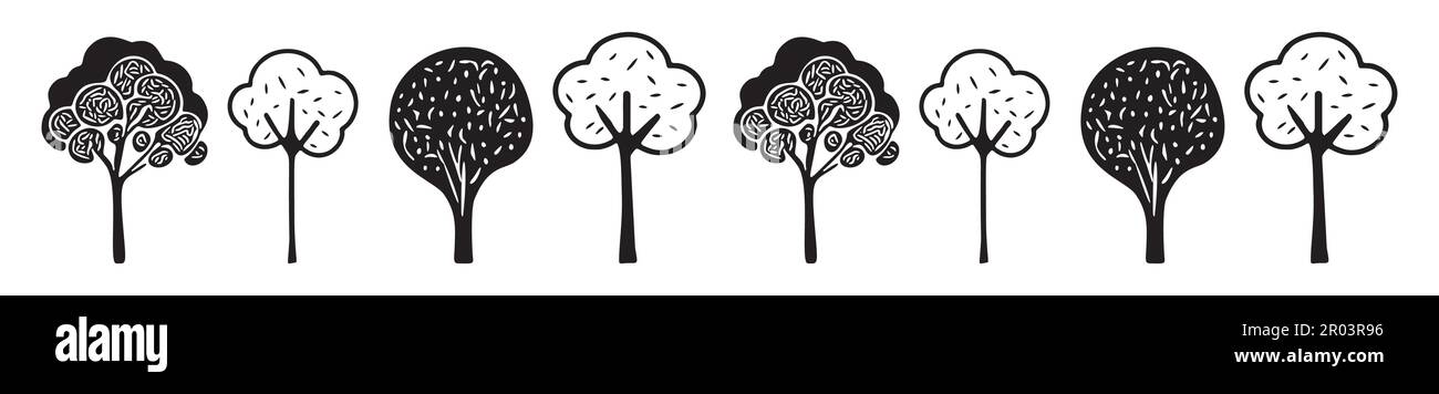 Quirky woodland tree scandi linocut vector border. Washi tape design in ...