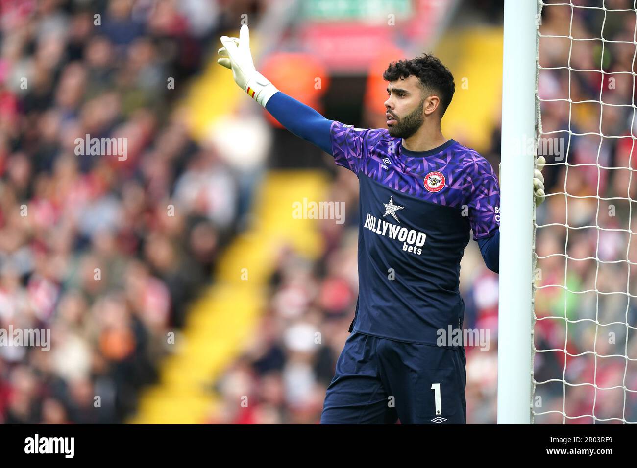 Brentford goalkeeper David Raya arranges his players into a wall prior to a free-kick during the ...