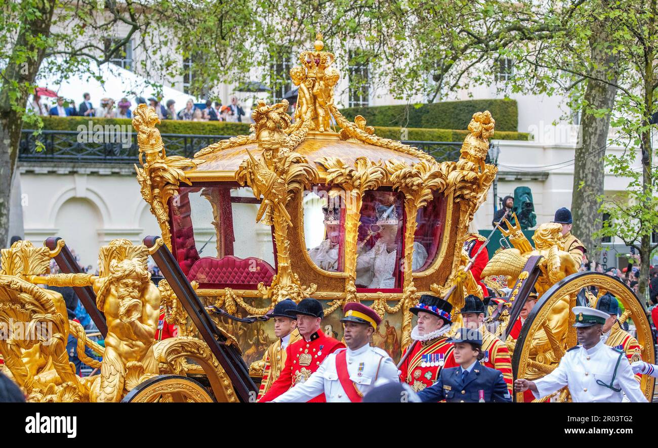 London, UK. 06th May, 2023. King Charles III and Queen Camilla drive in ...
