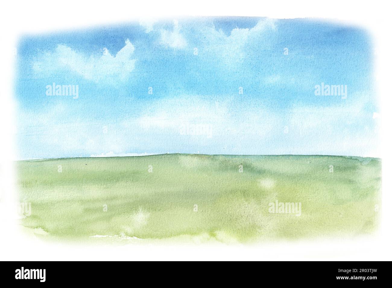 Hand drawn watercolor landscape. Field and blue sky illustration ...