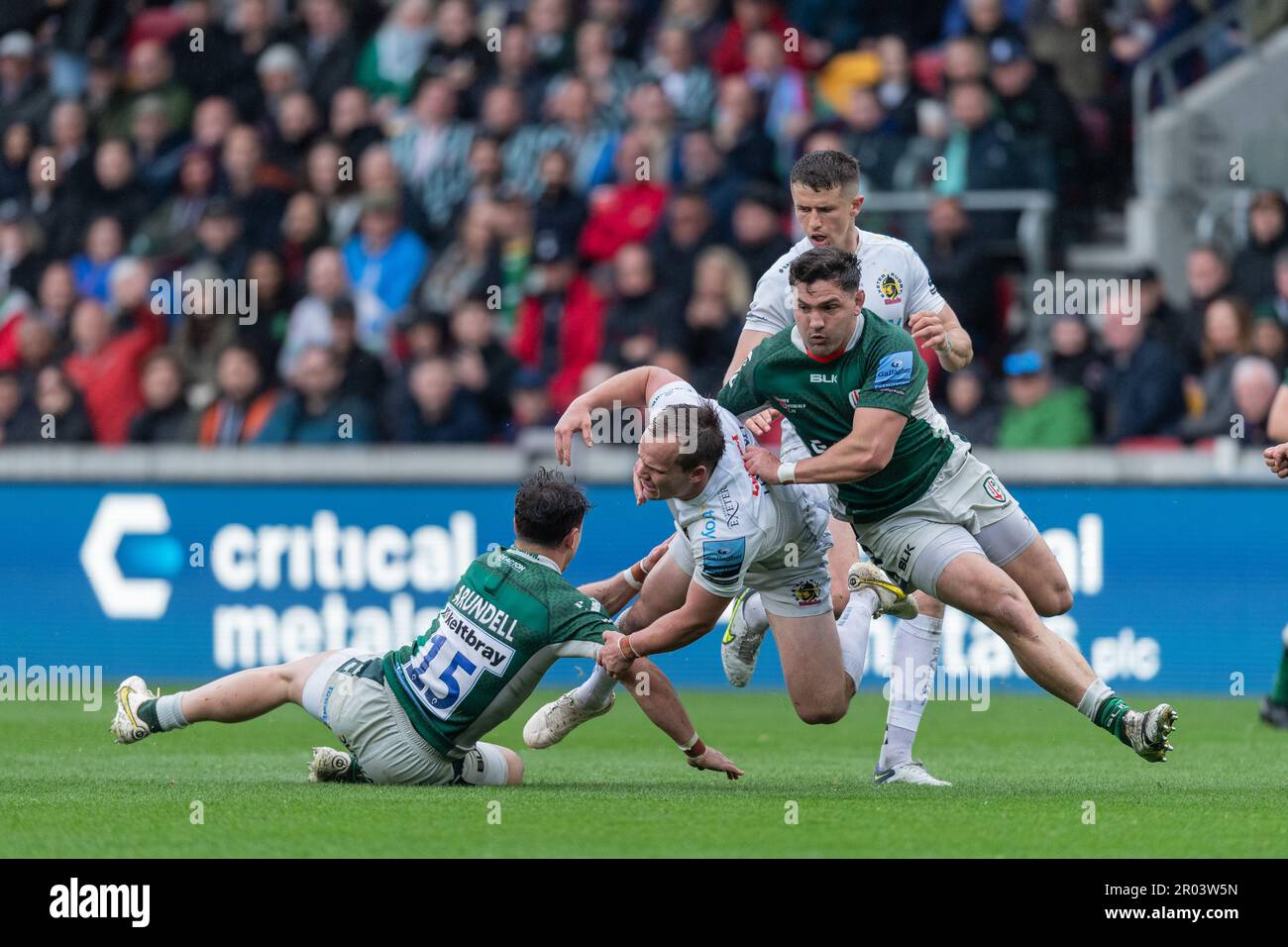 Stu Townsend of Exeter Chiefs is upended by Henry Arundell of London ...