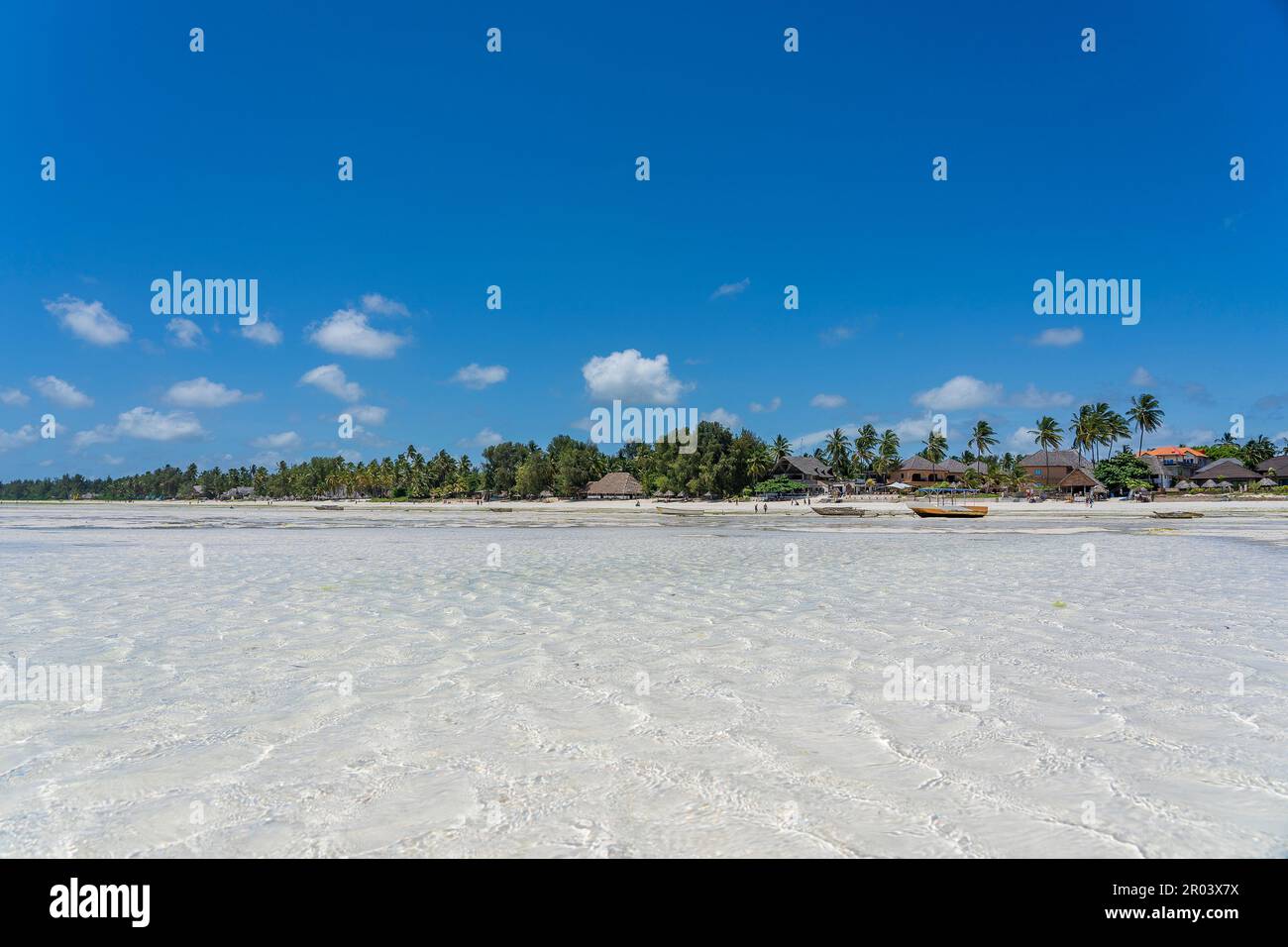 Tropical beach with clear water, blue sky and green palm trees on ...