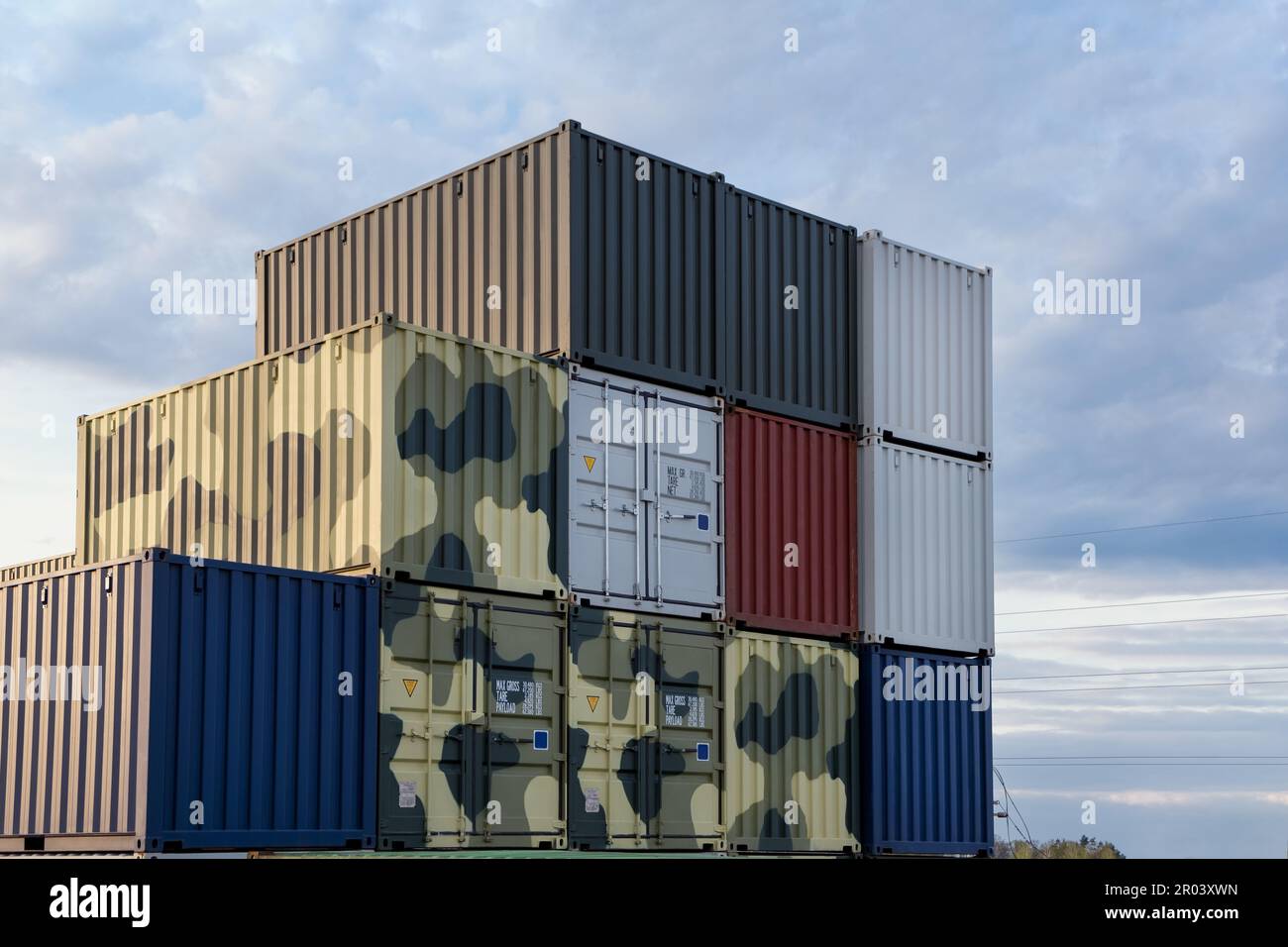 Military shipping containers contain weapon or special-purpose. stacked ...