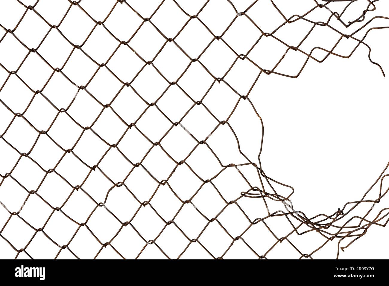 The texture of the metal mesh. Torn, destroyed, broken metal mesh on a ...