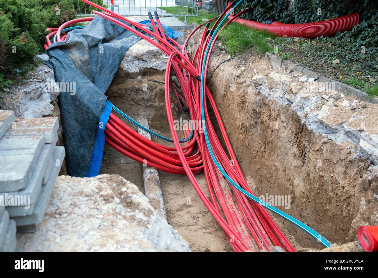 underground electric cable infrastructure installation. Construction ...