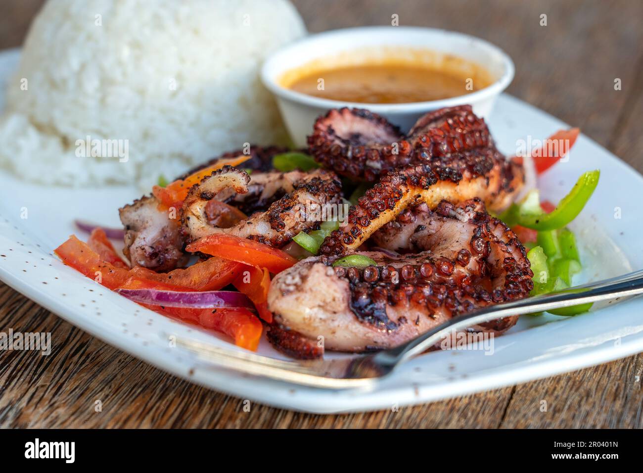 Fried octopus tentacles with white rice on a plate in restaurant ...