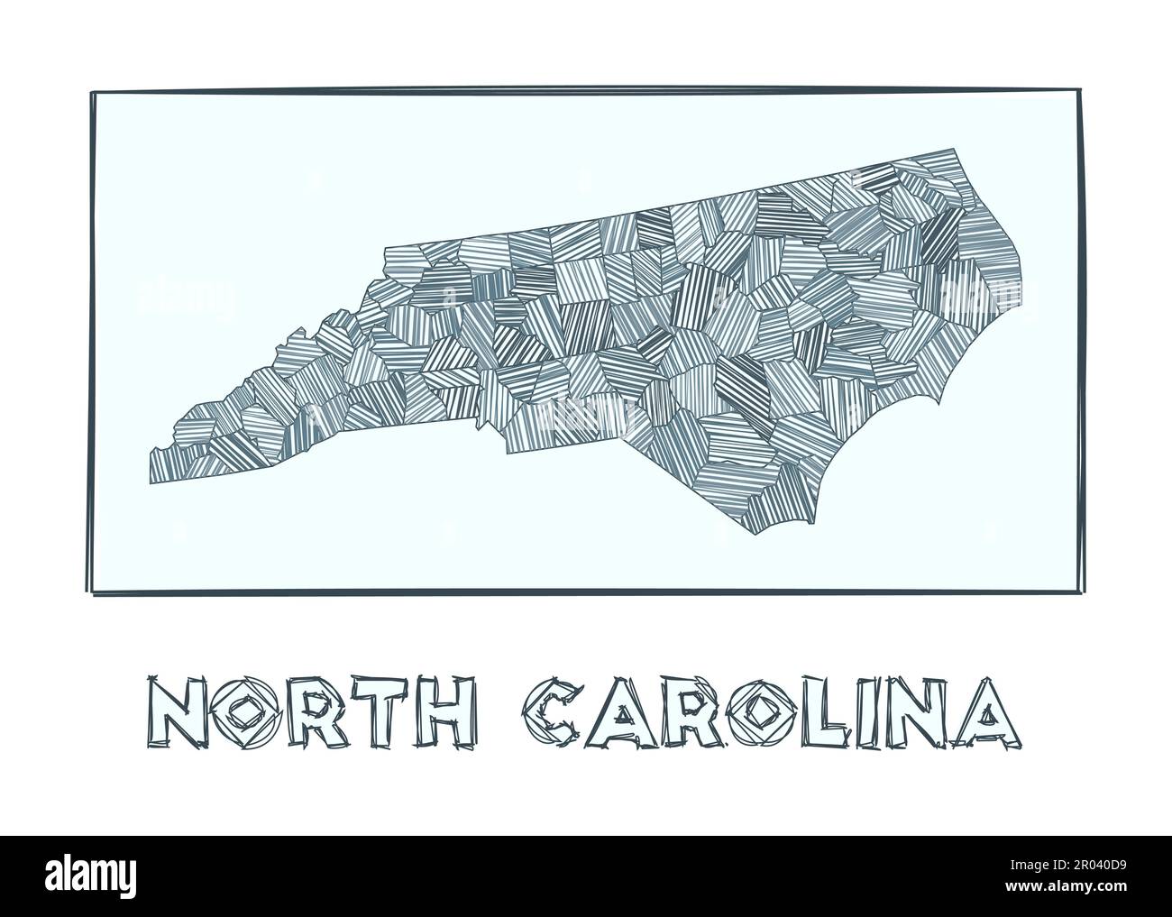 Sketch map of North Carolina. Grayscale hand-drawn map of the US state ...