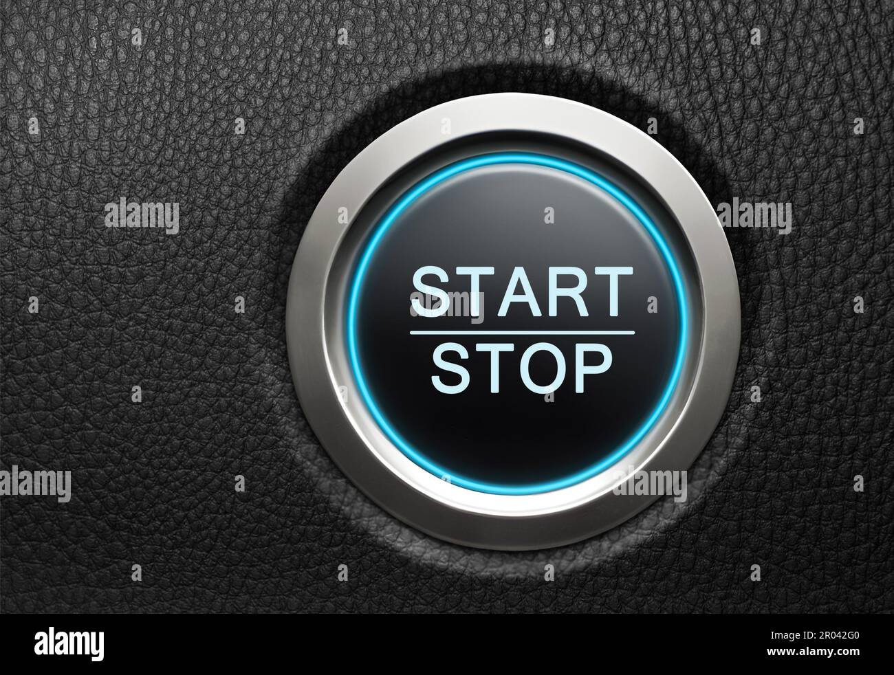 Engine start button with blue glowing ring on a modern car Stock Photo ...