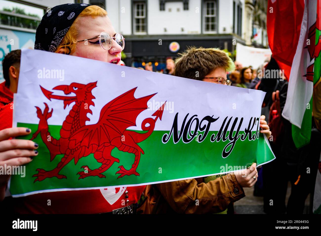 Cardiff, Wales. Sat 6 May 2023. Protesters at the Not My King march in ...