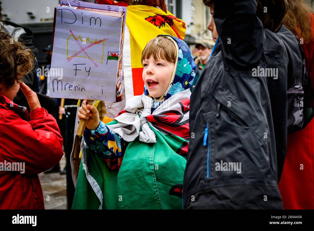 Cardiff, Wales. Sat 6 May 2023. Protesters at the Not My King march in ...