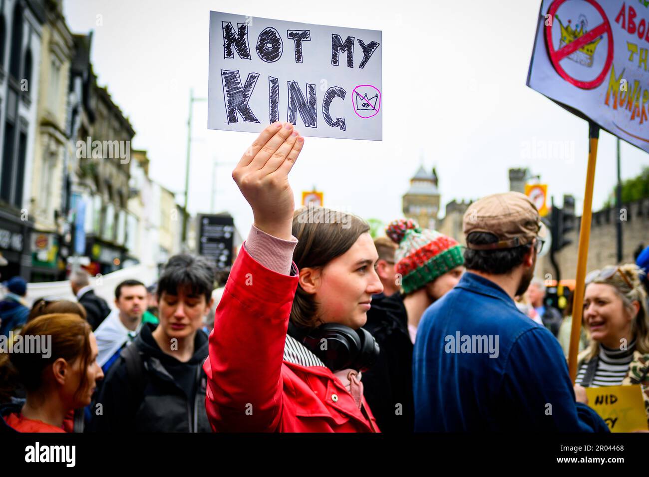Cardiff, Wales. Sat 6 May 2023. Protesters at the Not My King march in ...