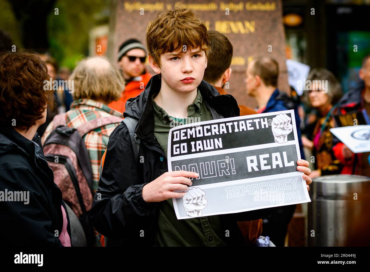 Cardiff, Wales. Sat 6 May 2023. Protesters at the Not My King march in ...