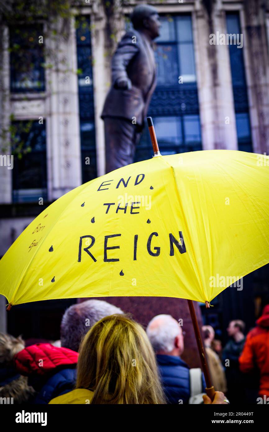 Cardiff, Wales. Sat 6 May 2023. Protesters at the Not My King march in ...