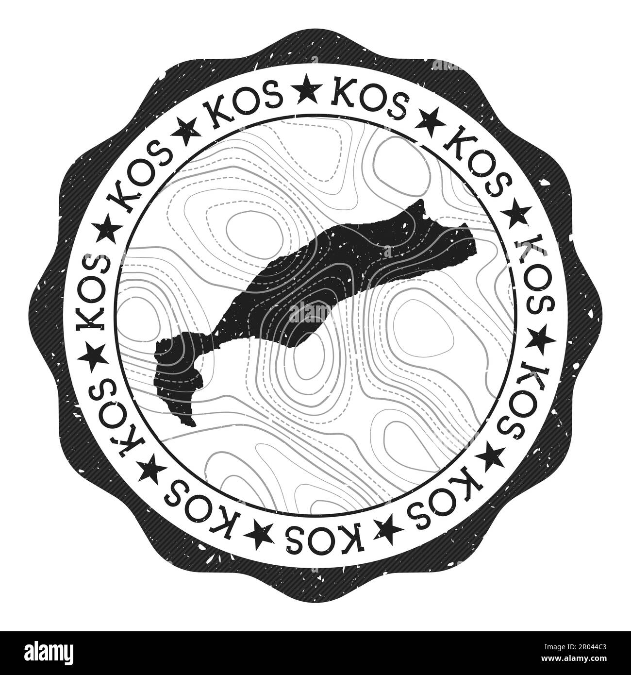 Kos outdoor stamp. Round sticker with map of island with topographic ...