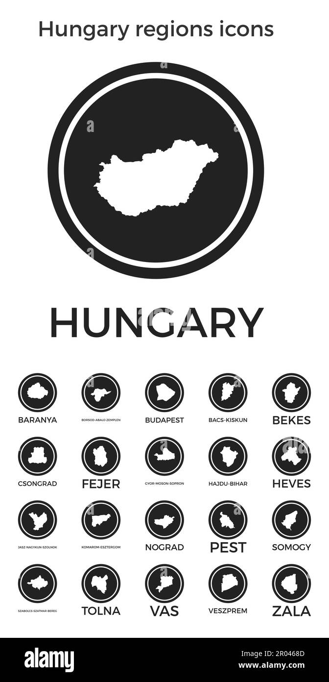 Hungary regions icons. Black round logos with country regions maps and ...