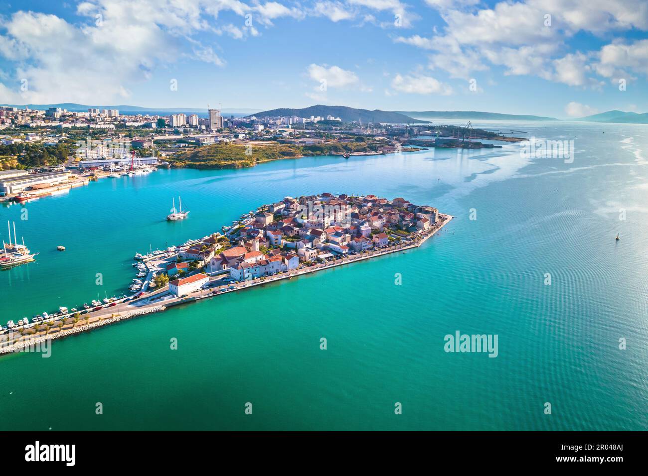 Split suburb town of Vranjic island aerial view, Dalmatia region of ...