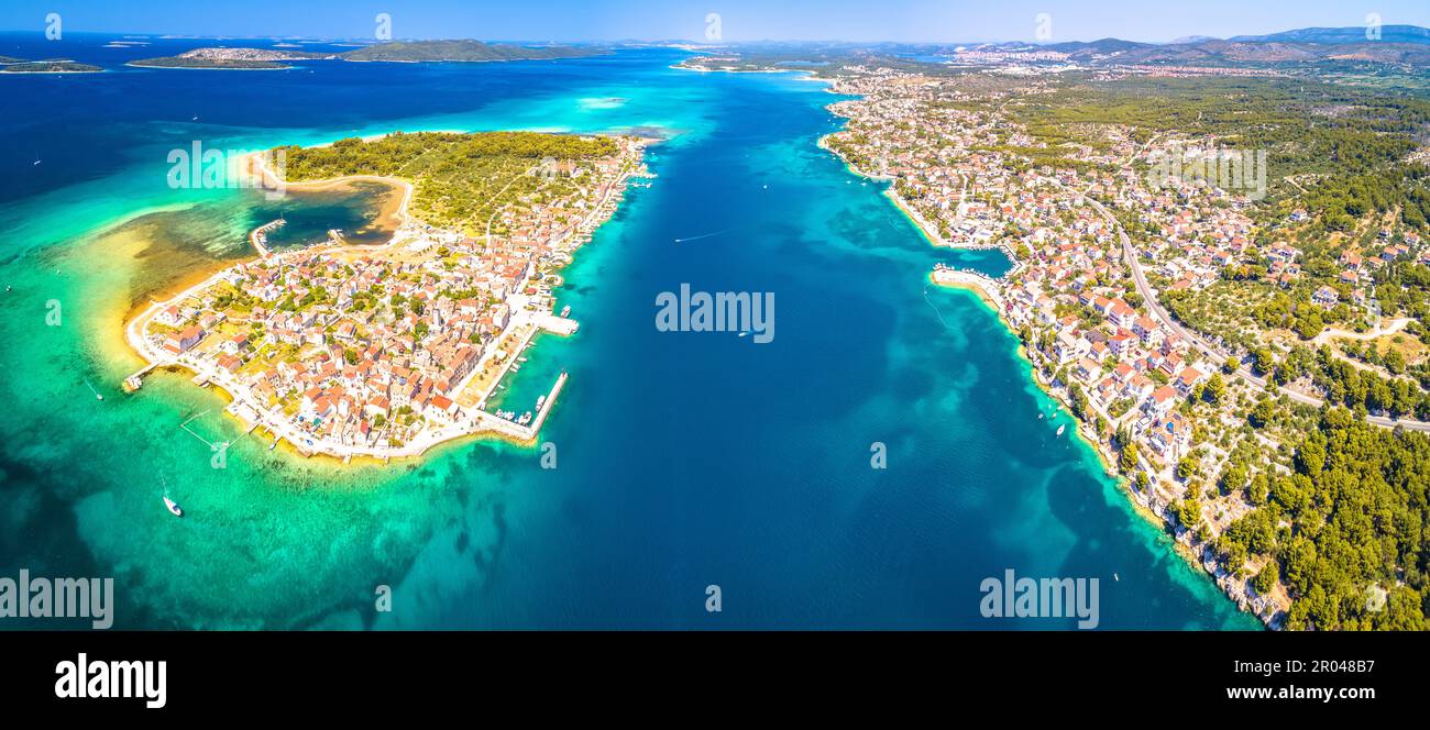 Island of Krapanj and Brodarica village aerial panoramic view, sea ...