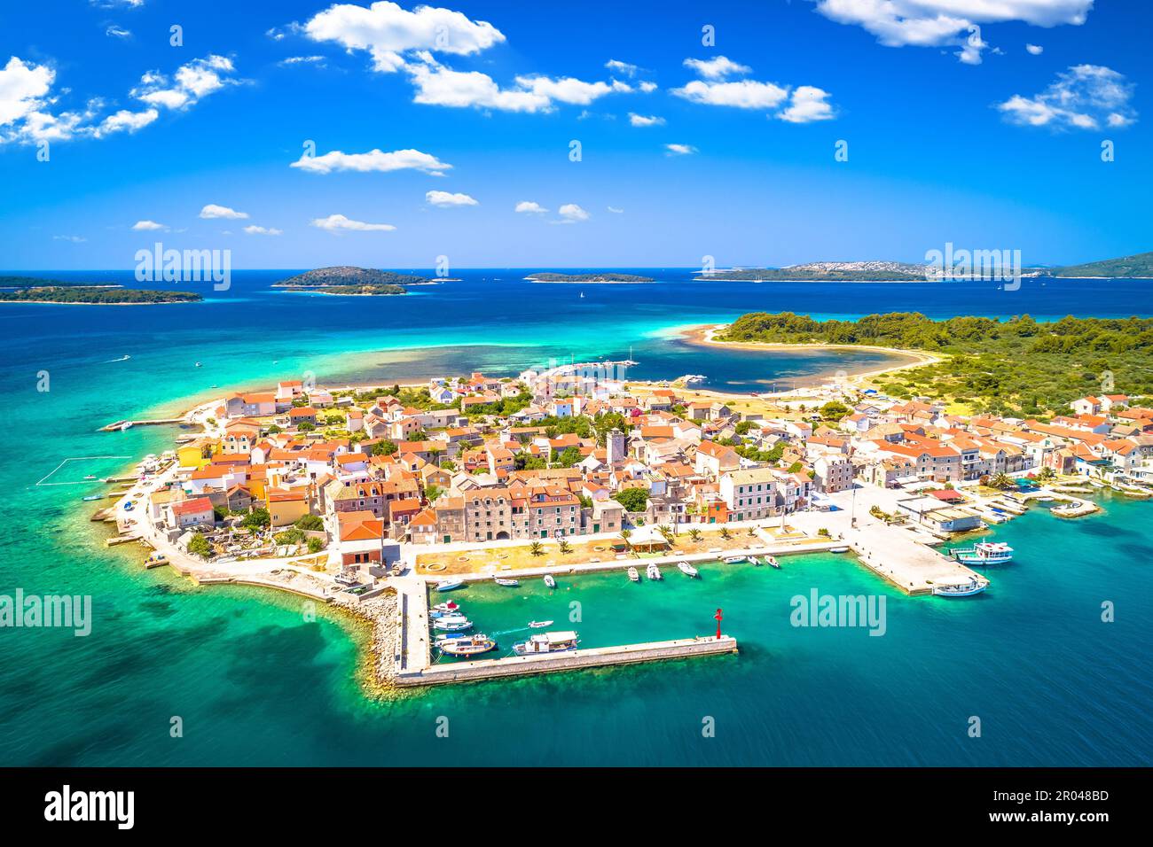 Island of Krapanj aerial panoramic view, sea sponge harvesting village ...