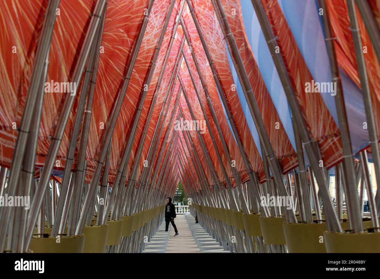 Moscow, Russia. 6th May, 2023. Festive flags decorate Manezhnaya Square ...
