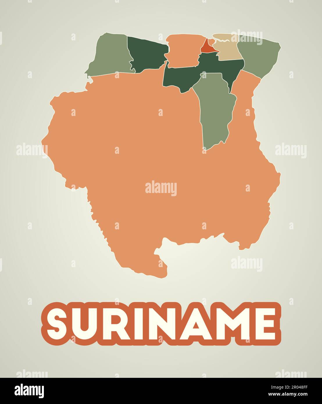 Suriname poster in retro style. Map of the country with regions in ...