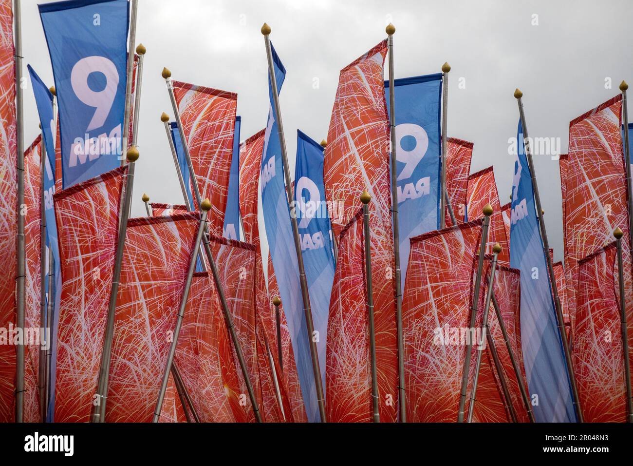 Moscow, Russia. 6th May, 2023. Festive flags decorate Manezhnaya Square ...