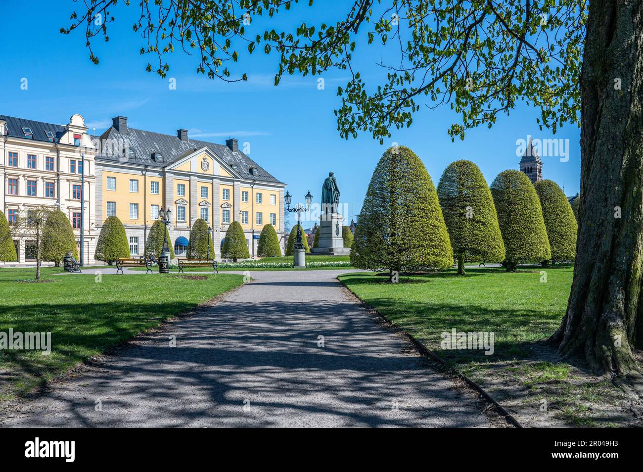Carl Johans Park with the statue of king Karl Johan XIV on a sunny ...