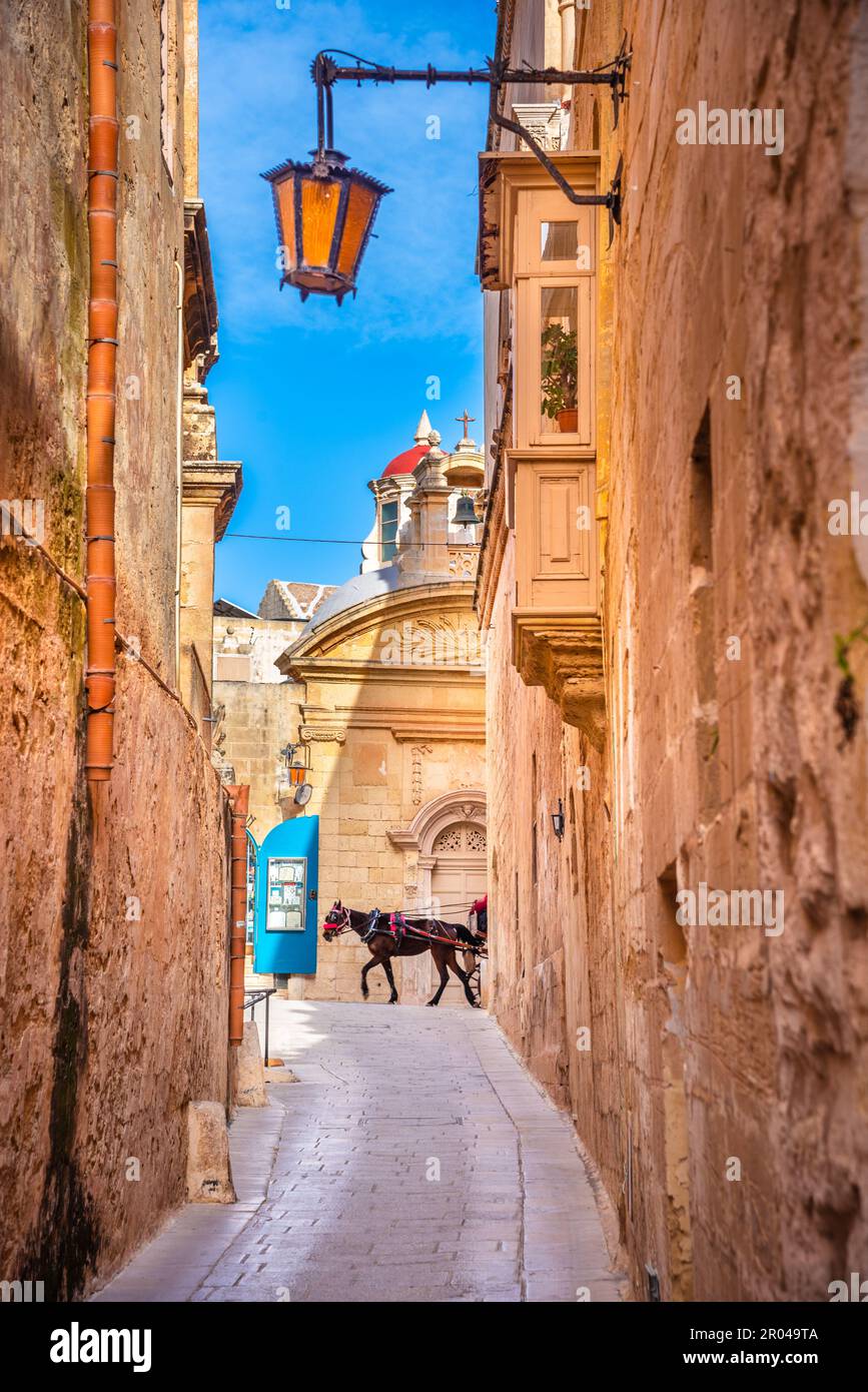 A view of old Mdina street with a traditional Maltese style openwork ...