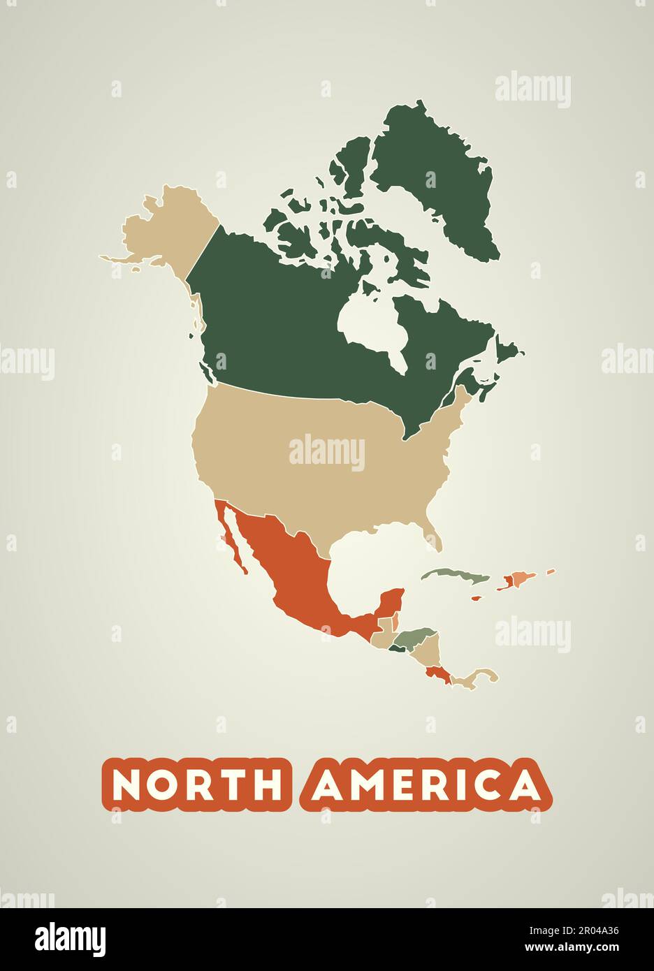 North America poster in retro style. Map of the continent with regions ...