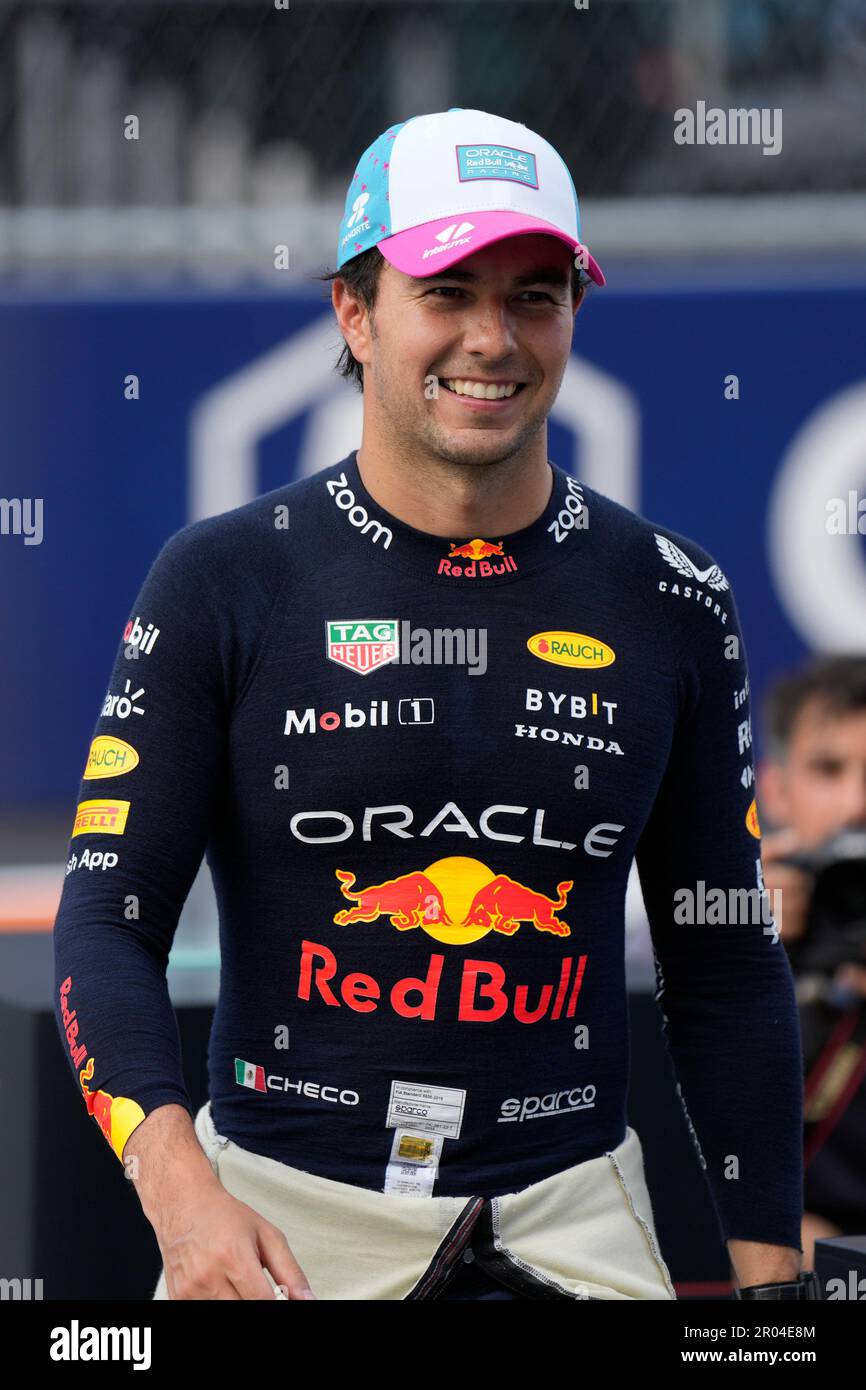 Red Bull driver Sergio Perez of Mexico smiles after finishing first in ...