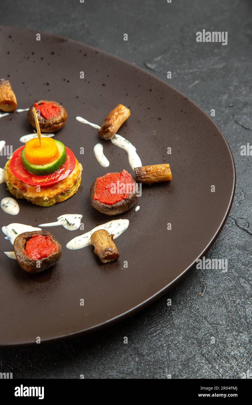 front view cooked squashes designed meal inside plate on a grey ...