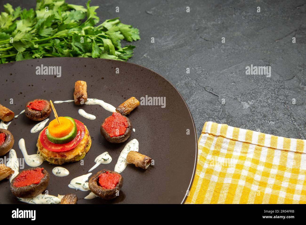 front view cooked squashes with greens on grey background meal ...