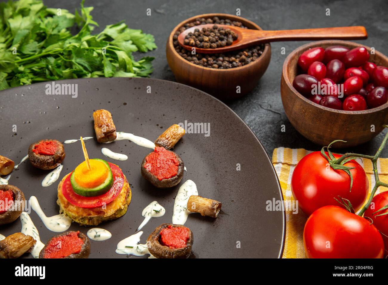 front view cooked squashes with greens on a grey background meal ...