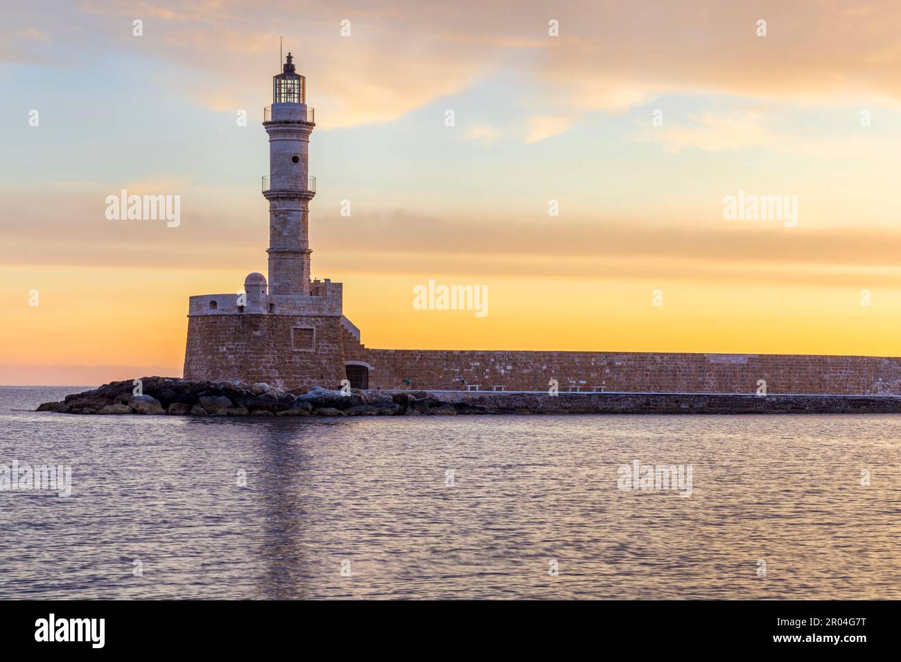 Chania lighthouse at sunrise, Old Venetian Harbour, Crete Island ...
