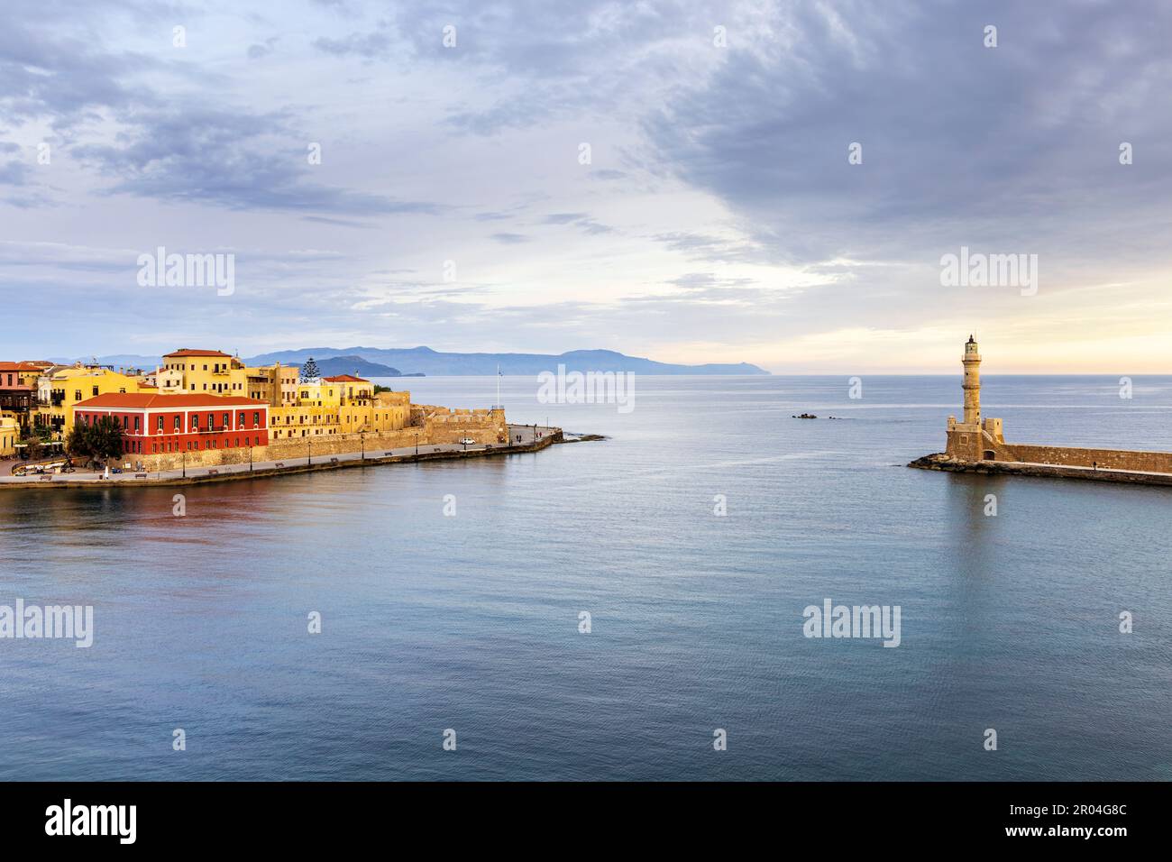 Old Venetian Harbour and lighthouse in Chania at sunrise, Crete Island ...