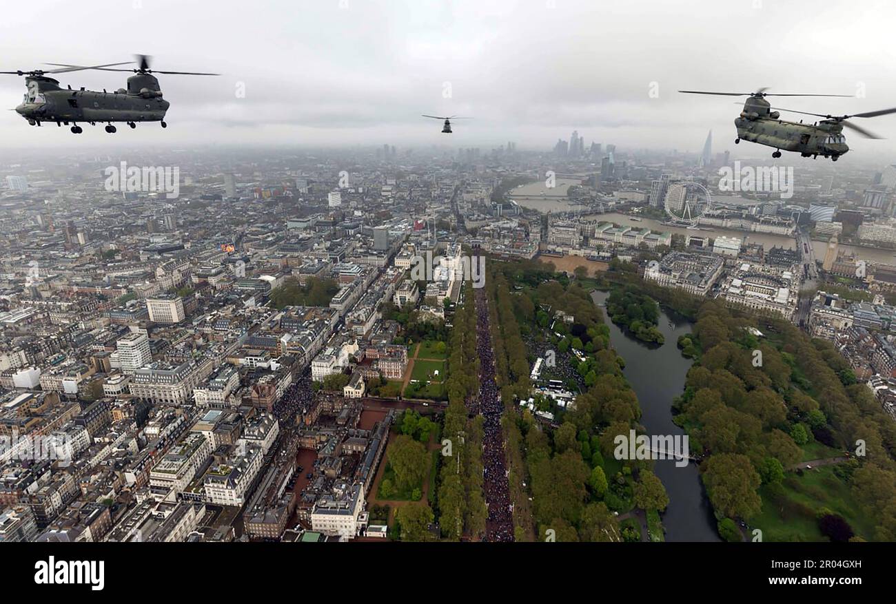 Helicopters fly over London, following King Charles III and Queen ...