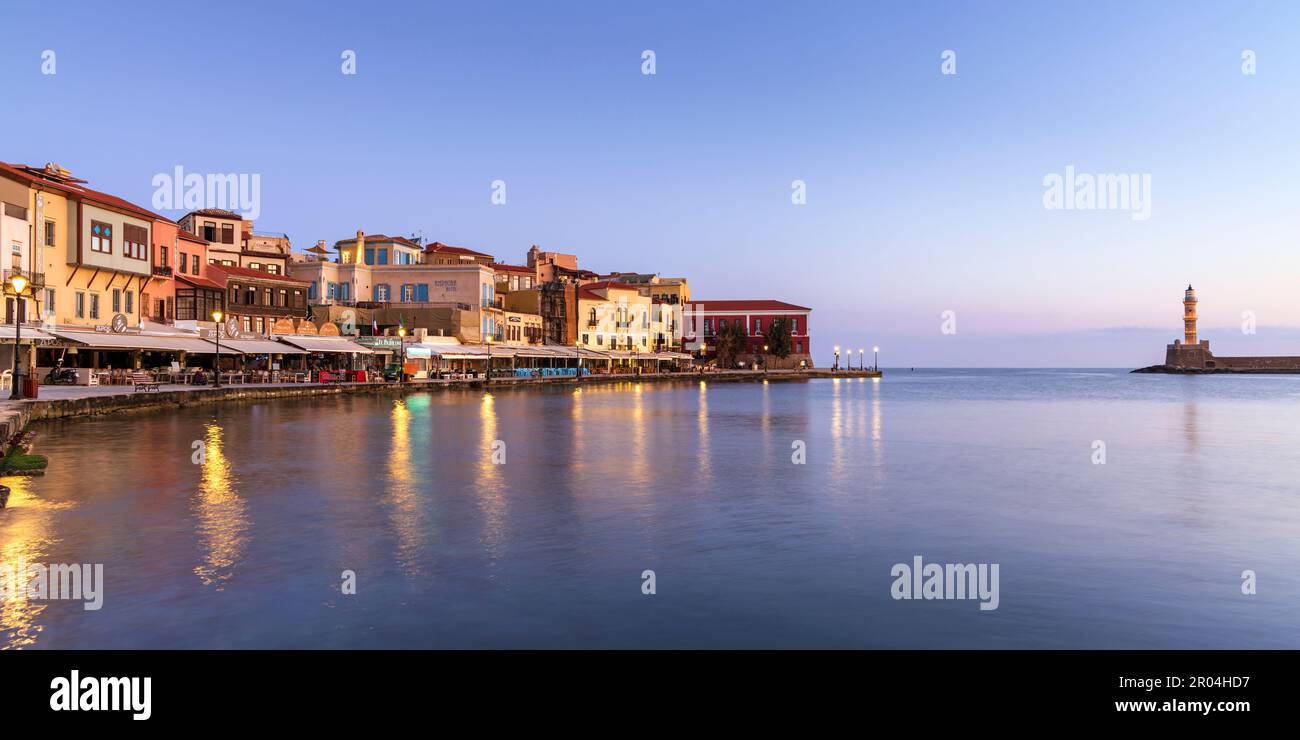 Sunrise at the old venetian harbour of Chania, Crete Island, Greece ...