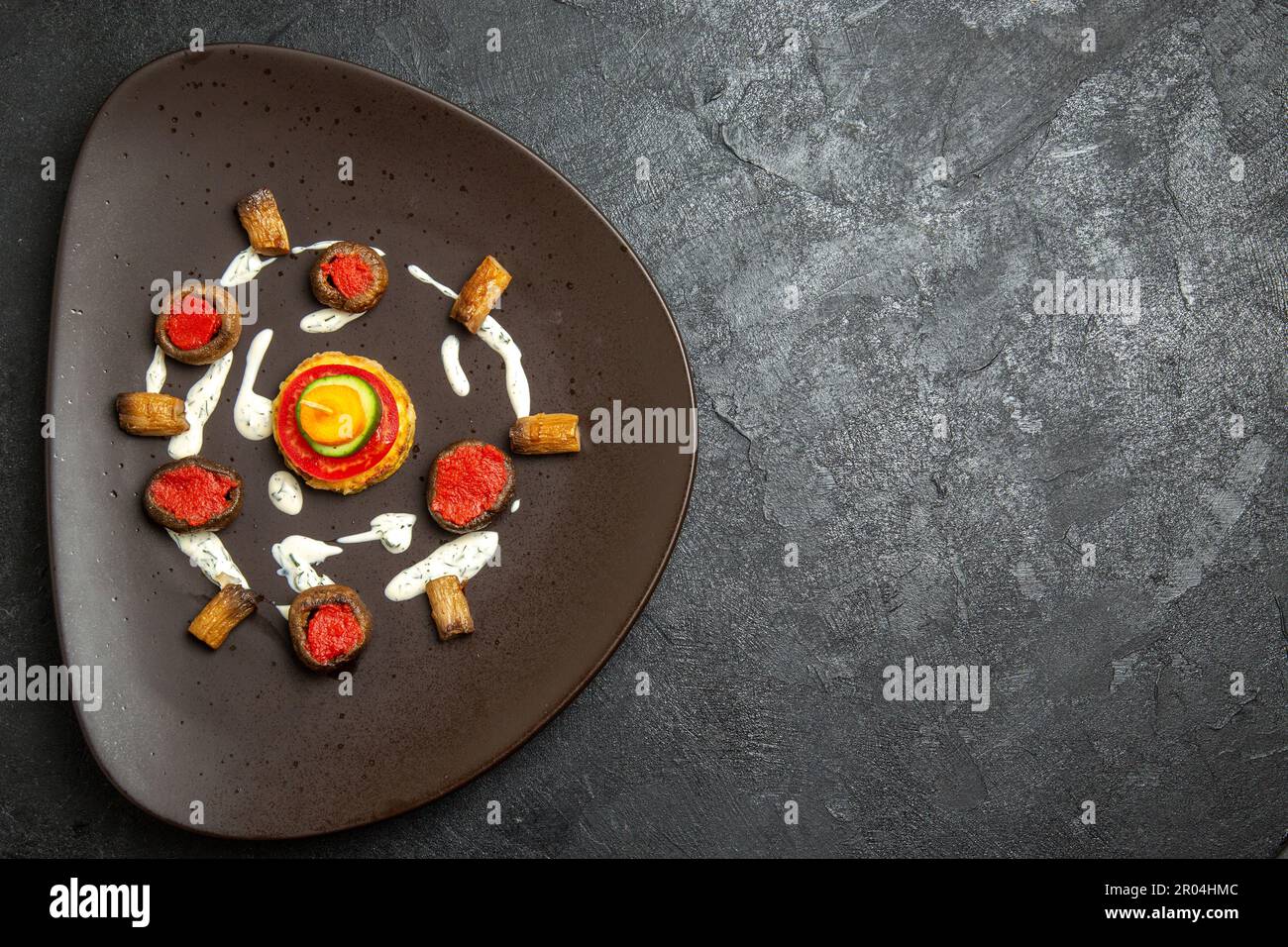 top view cooked squashes designed meal inside plate on a grey ...