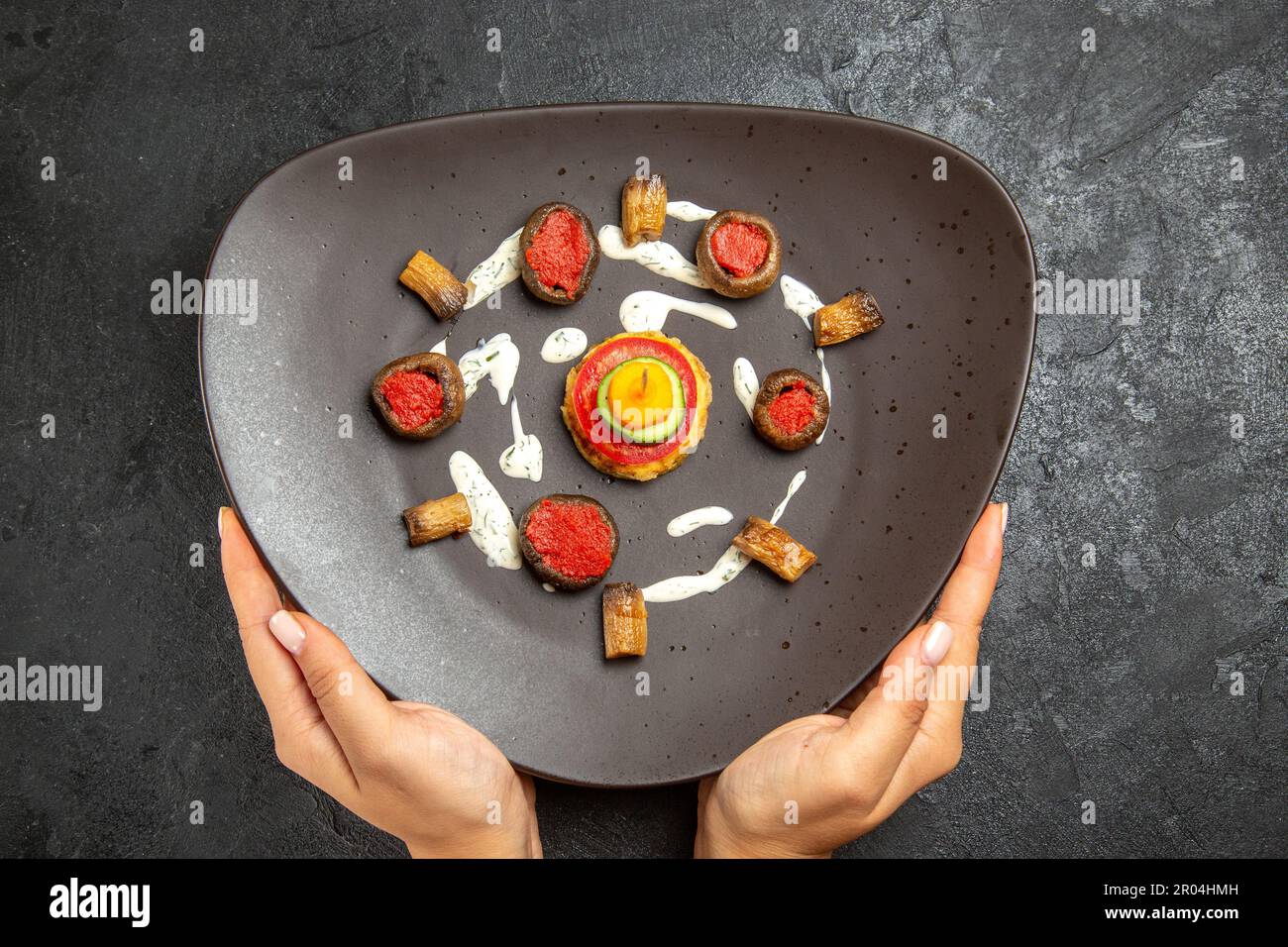 top view cooked squashes designed meal inside plate on a grey ...