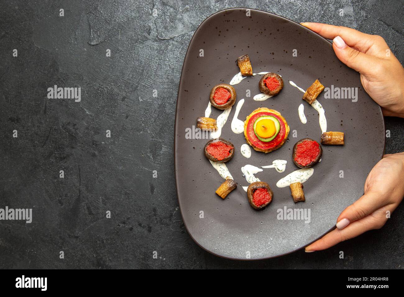 top view cooked squashes designed meal inside plate on the grey ...