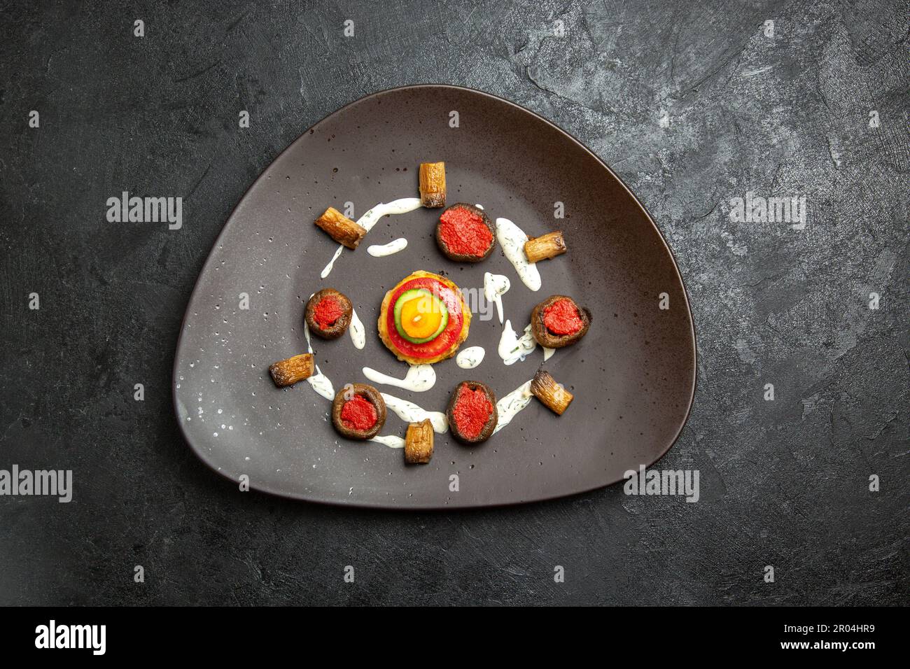 top view cooked squashes designed meal inside plate on the grey ...