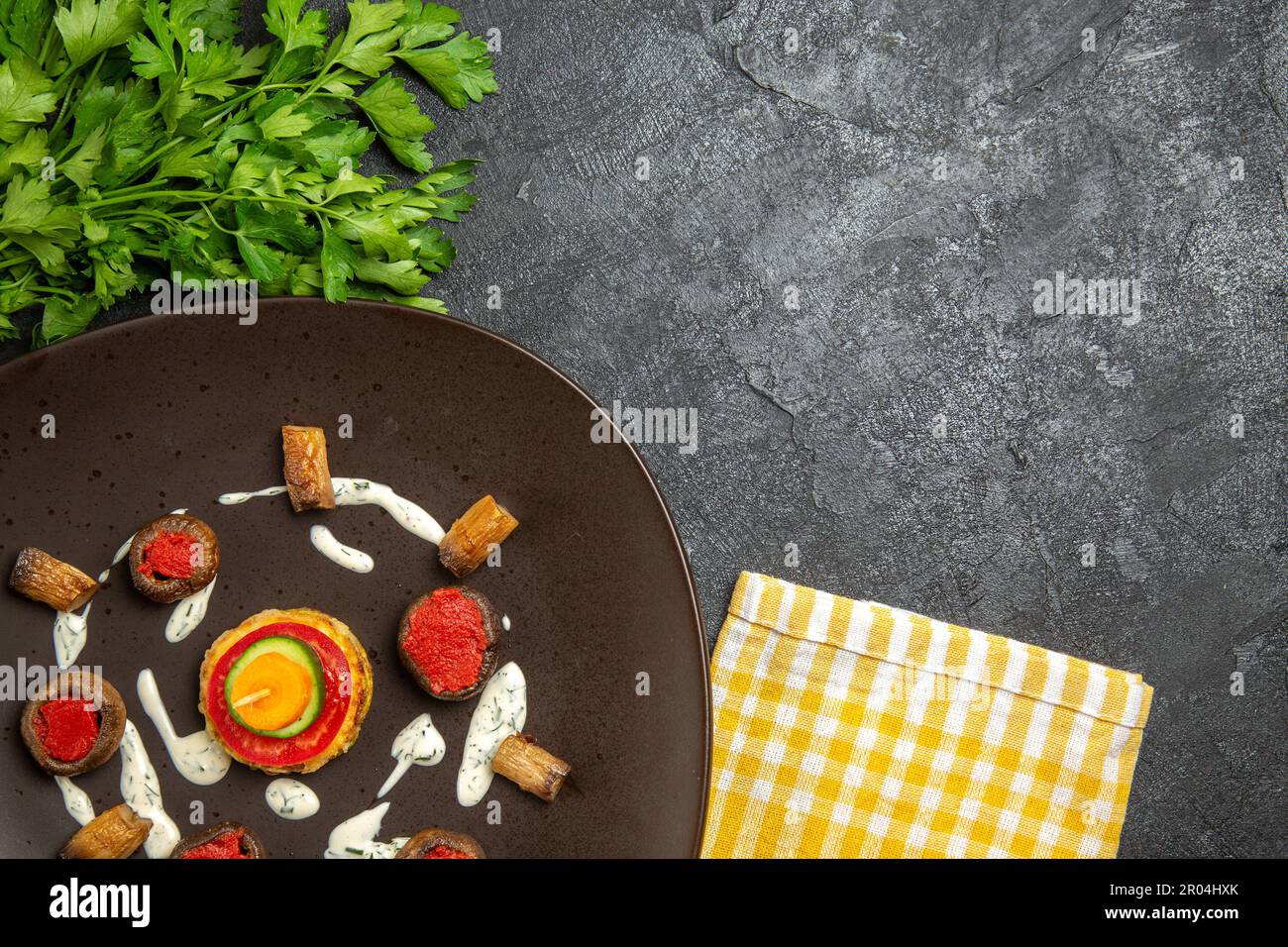 top view cooked squashes with greens on grey background meal vegetable ...